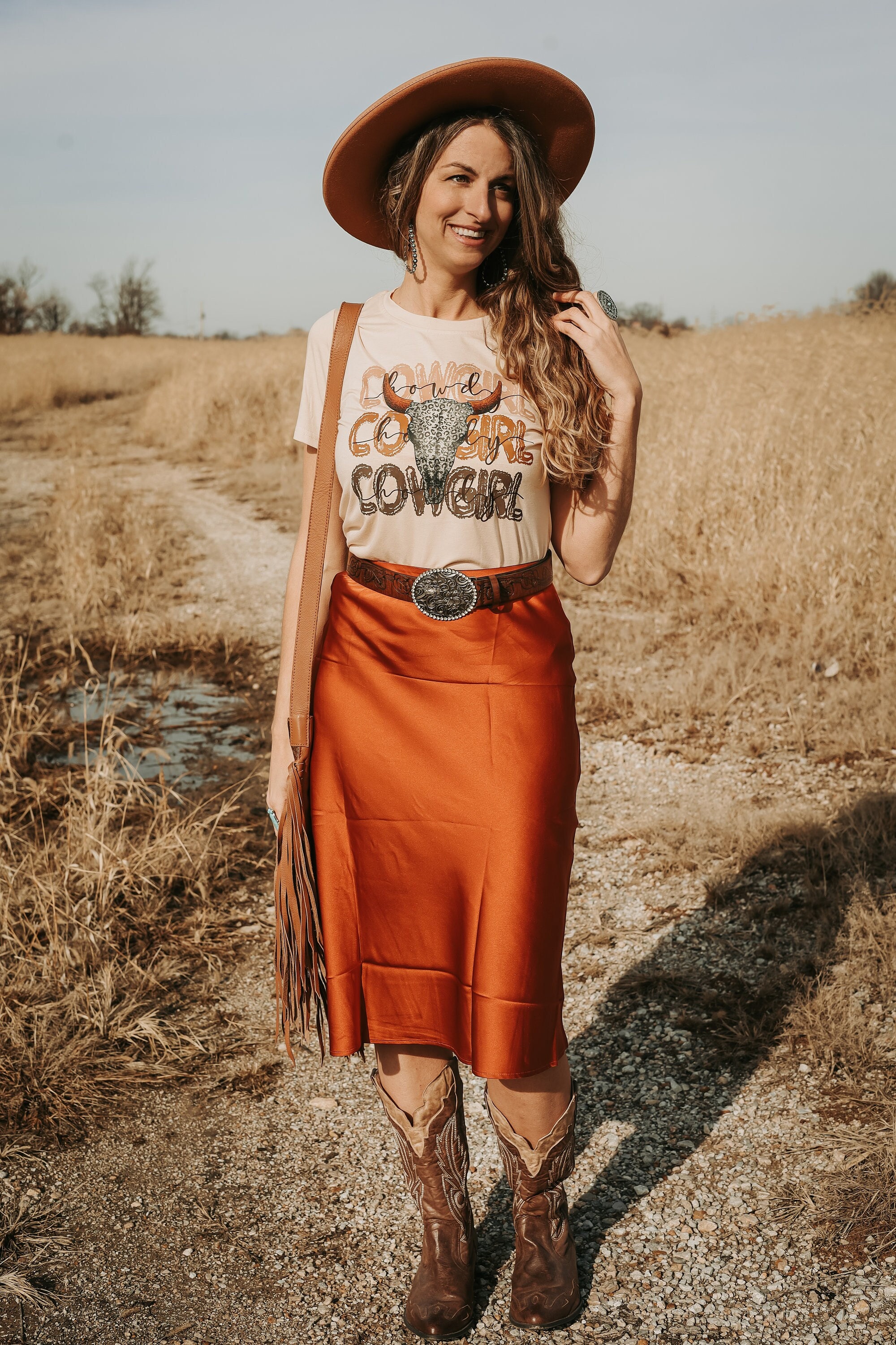 Jewel Rust Orange Satin Midi Skirt Western Boho Contry Style Bottom ...