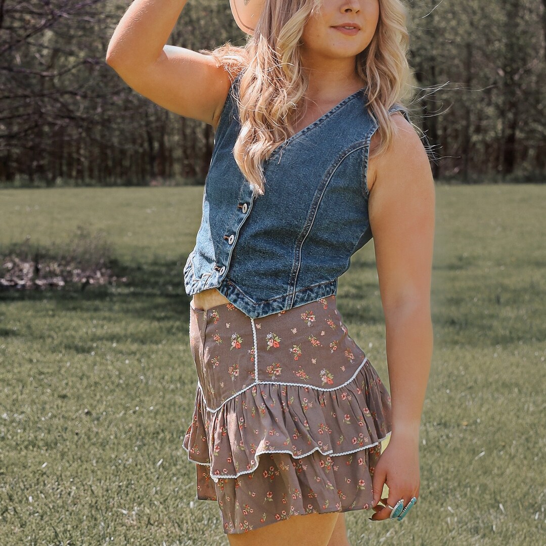Bronze Belle Floral Skirt High Waist Flare Mini Country Western Boho ...