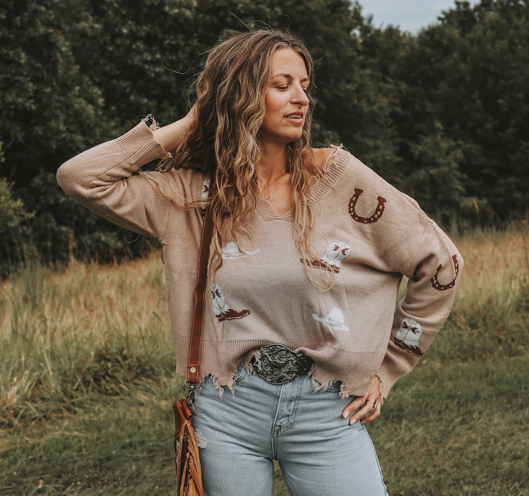 Western Horse Shoe Pullover Sweater: Handmade Tan Distressed Cowboy ...
