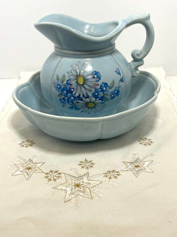 Vintage Mccoy Baby Blue Pitcher and Bowl Daisy Marked 7528 - Etsy