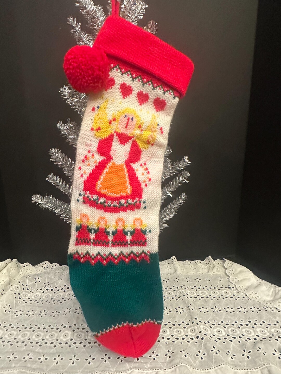Vintage Knit Christmas Stocking Singing Angels & Hearts Pom Pom 1980s ...
