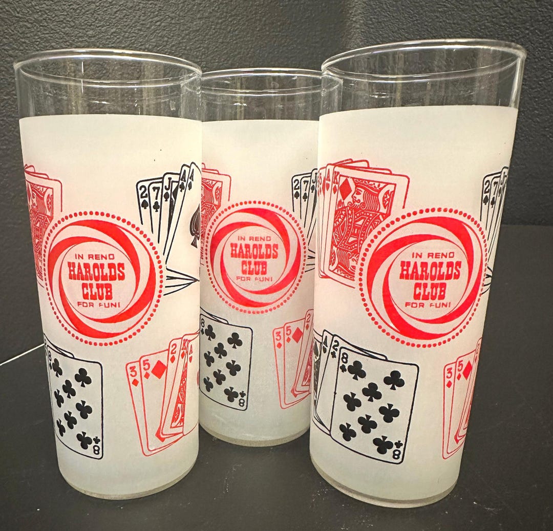 Vintage Harold's Club Frosted Highball Glass Set of 3 Cards Red White ...
