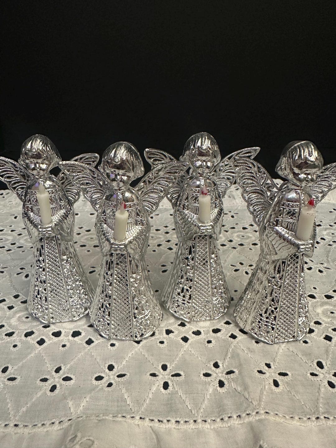 4 Vintage MCM Angel Christmas Ornament Silver Filigree Holding Candle ...