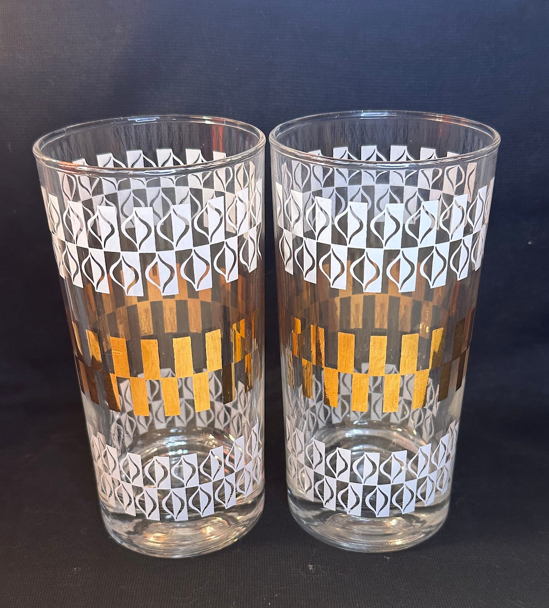 Vintage Pair of Mid Century Modern Drinking Glasses in Gold and White ...