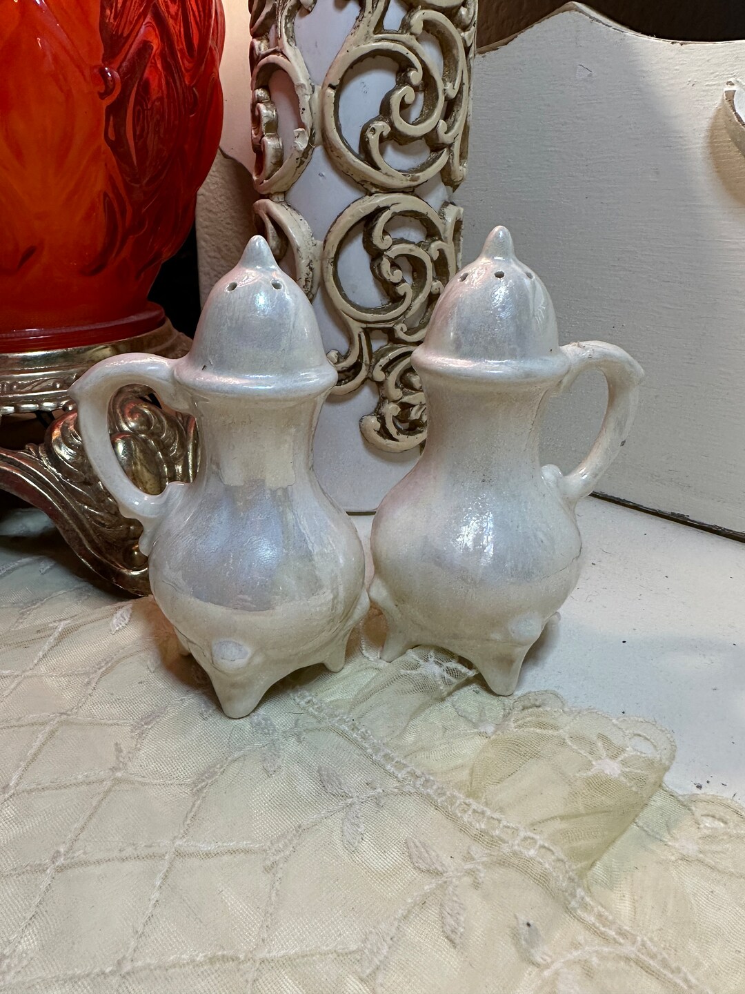 Vintage White Iridescent Antique Tea Kettle Replicas Salt and Pepper ...