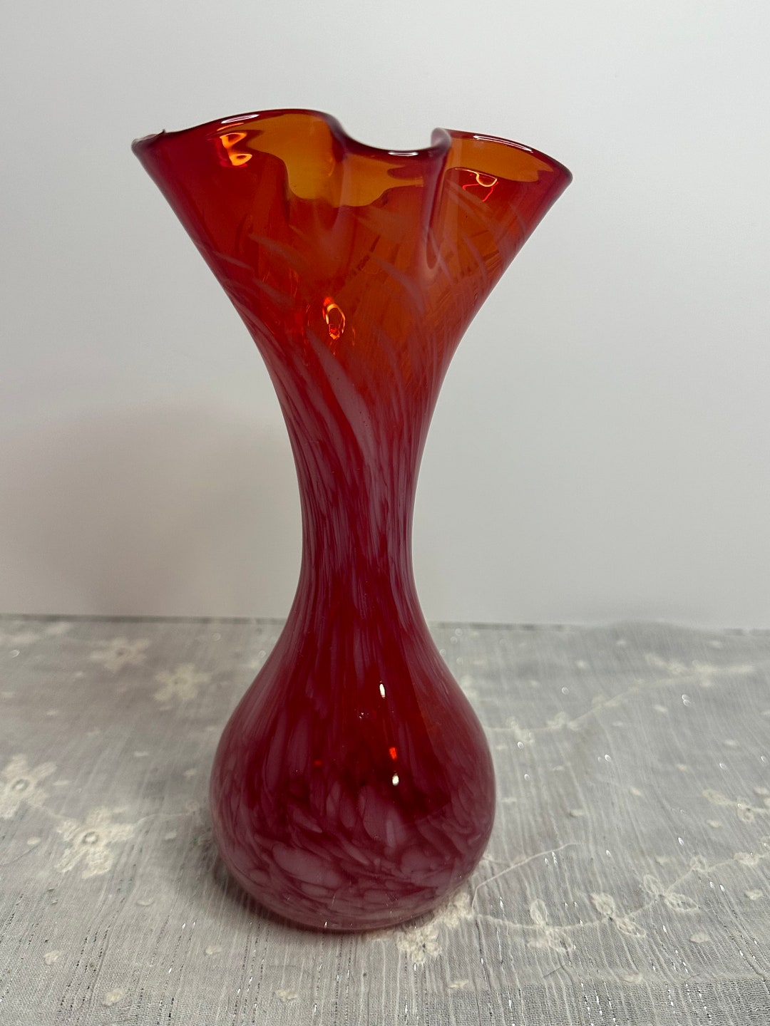 Vintage Handblown Ruffled Red Vase With White Swirls Art Glass - Etsy