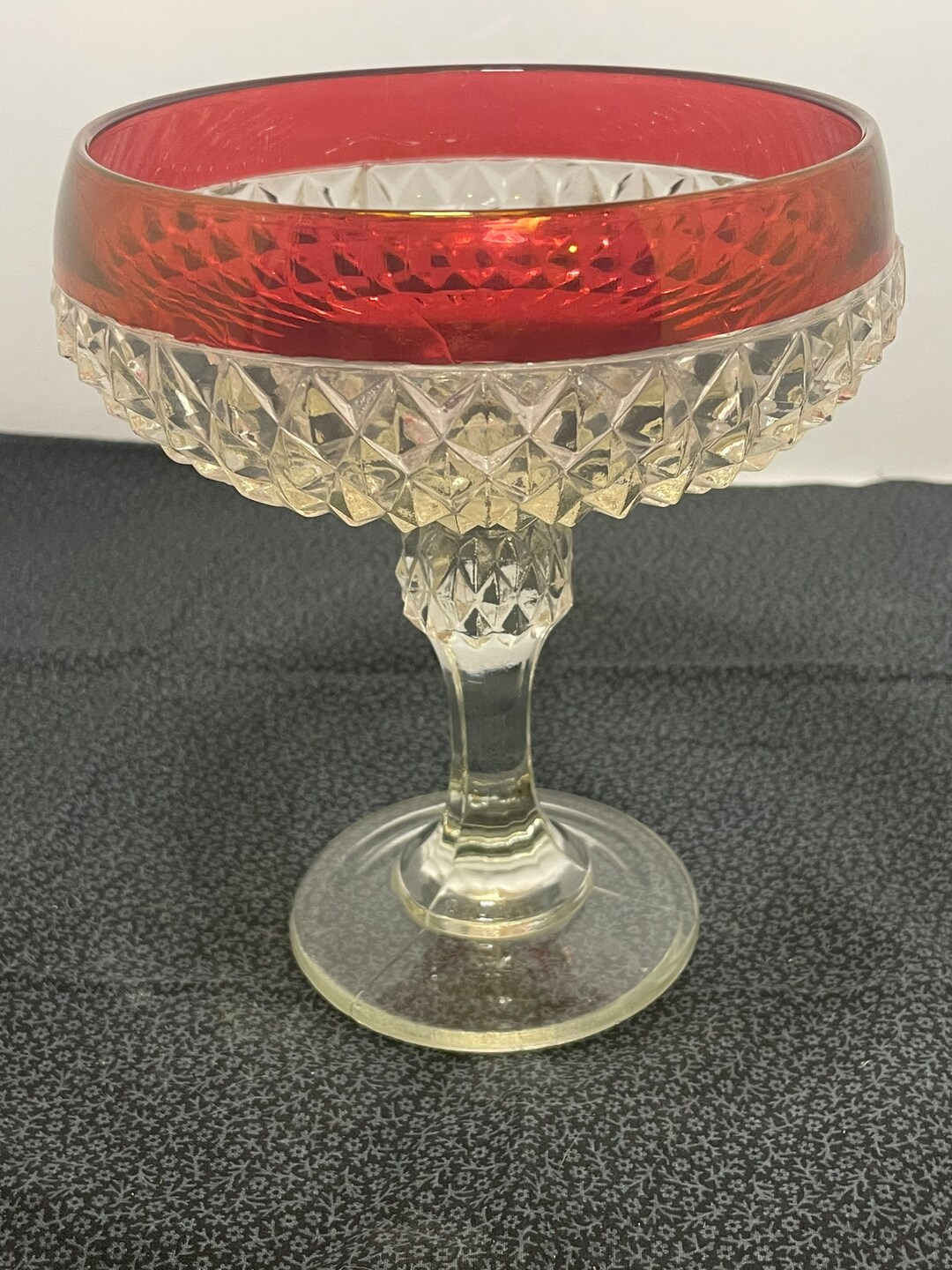 Vtg Indiana Glass Compote With Diamond Point Pattern and Ruby Red Rim ...