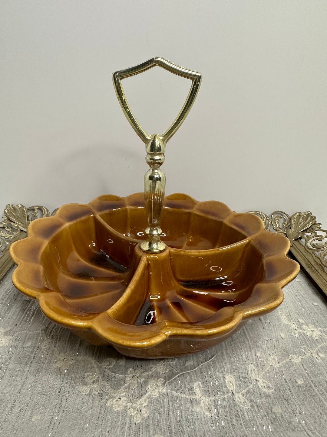 Vintage USA Pottery Divided Nut Dish With Handle MCM - Etsy
