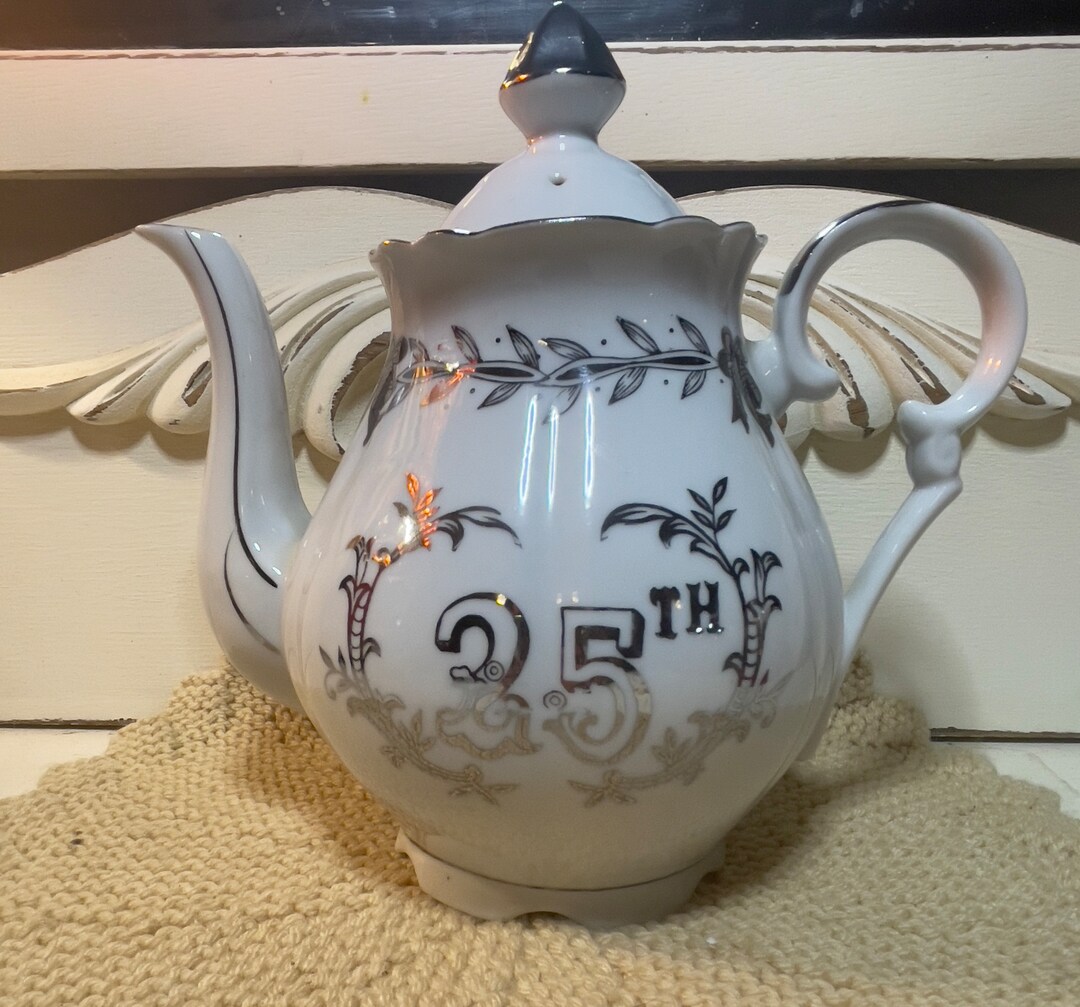 Vintage Lefton China 25th Anniversary Silver Gilted Tea Pot #4928 Hand ...