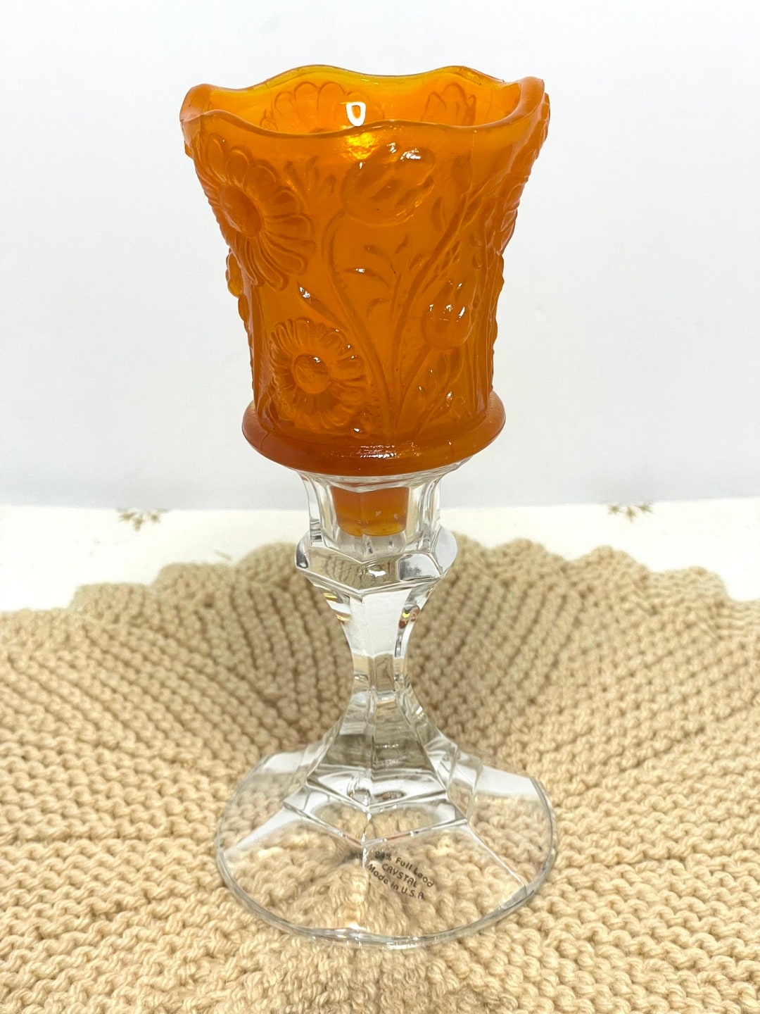 Vintage Amber Daisy Candle Holder With Crystal Stand. - Etsy