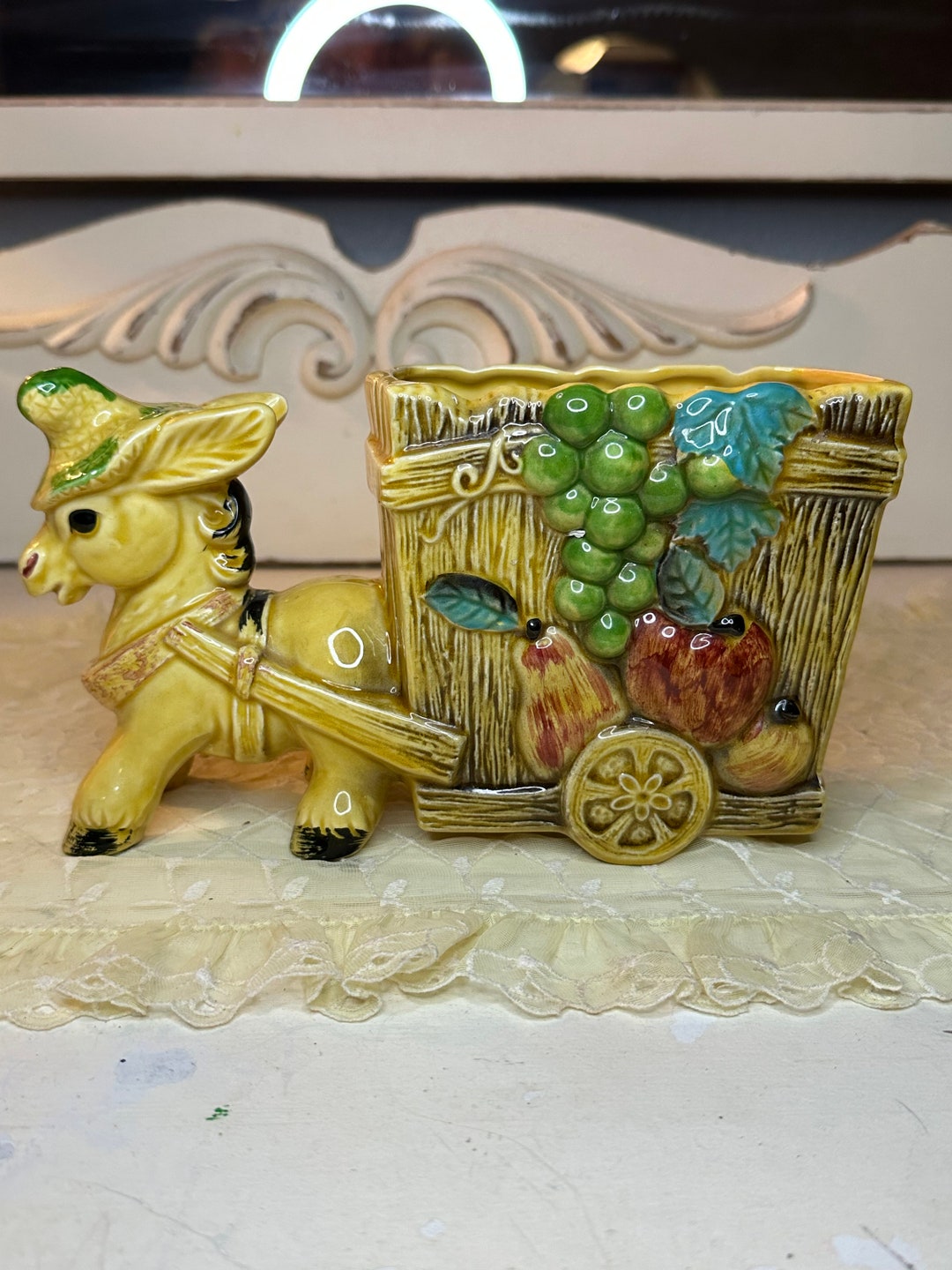 Vintage LEFTON Planter Donkey Mule W Hat Pulling Fruit Cart Wagon MCM ...