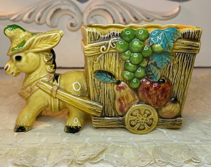 Vintage LEFTON Planter Donkey Mule W Hat Pulling Fruit Cart Wagon MCM ...