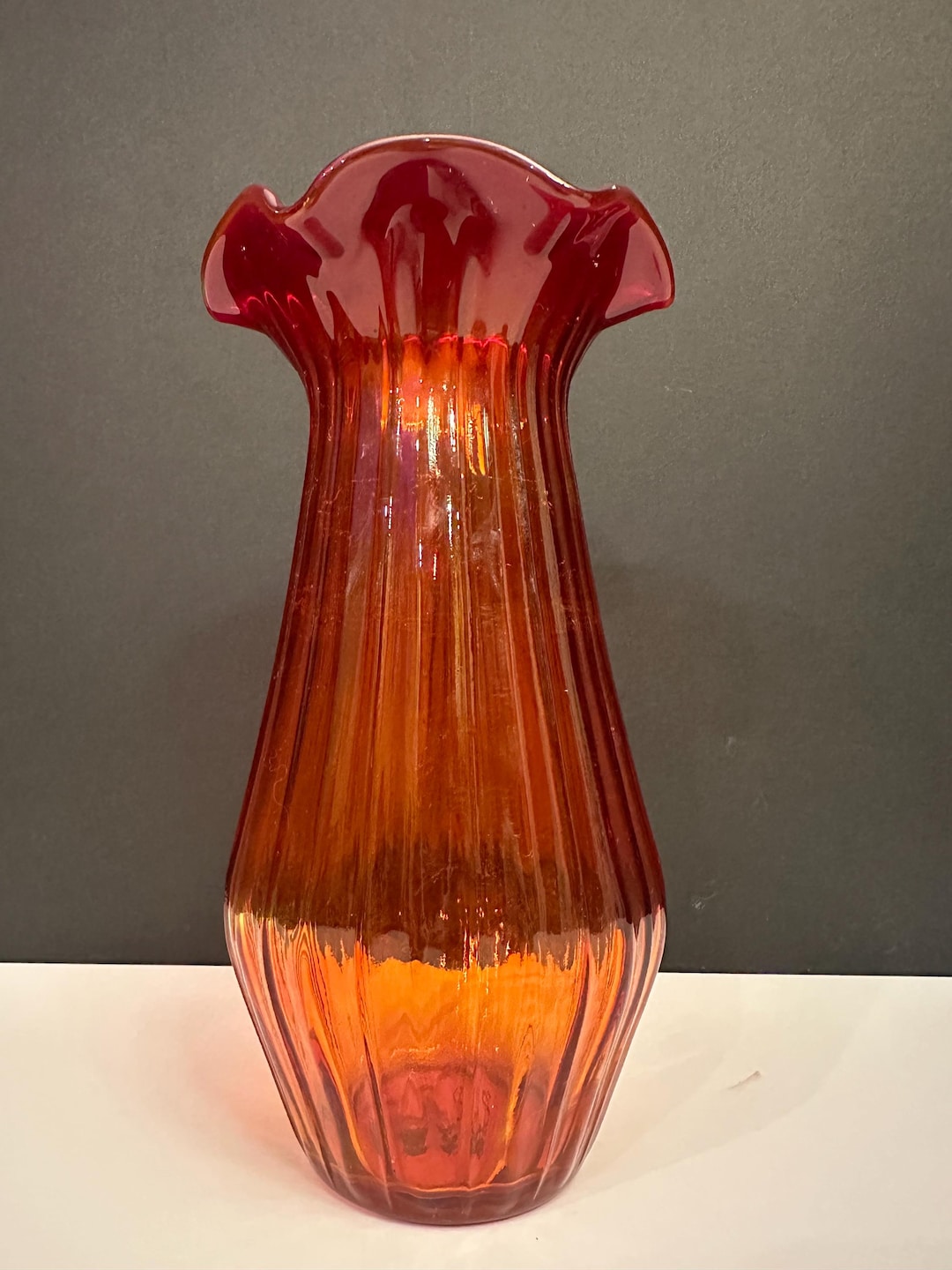 Vintage Amberina Ruffle Vase Ribbed Hand Blown Glass - Etsy