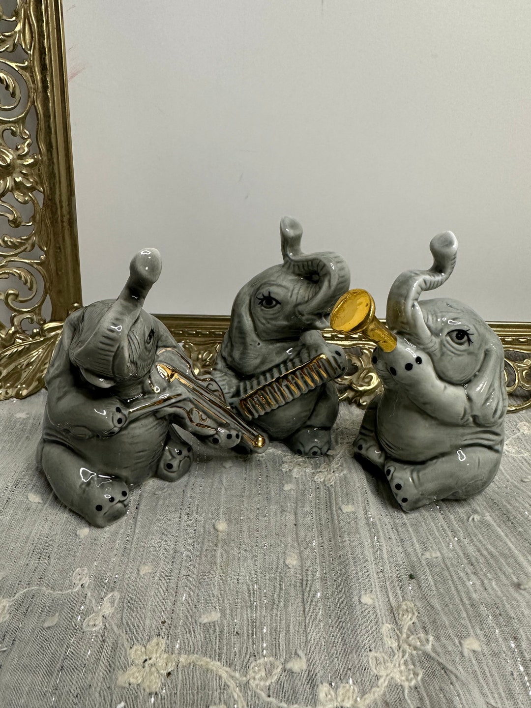 Rare Vintage Gold Musical Instrument Elephant Trunk up Porcelain ...