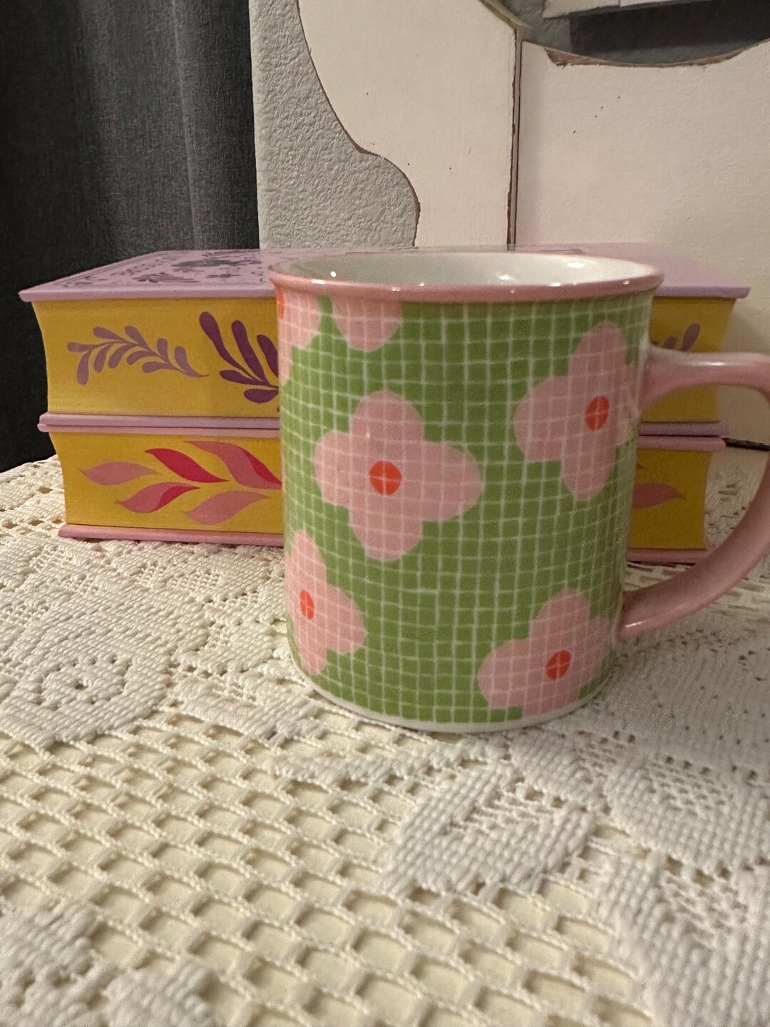 Starbucks Barista 2004 Mosaic Tile Bright Pink & Green Flower 16oz Mug ...