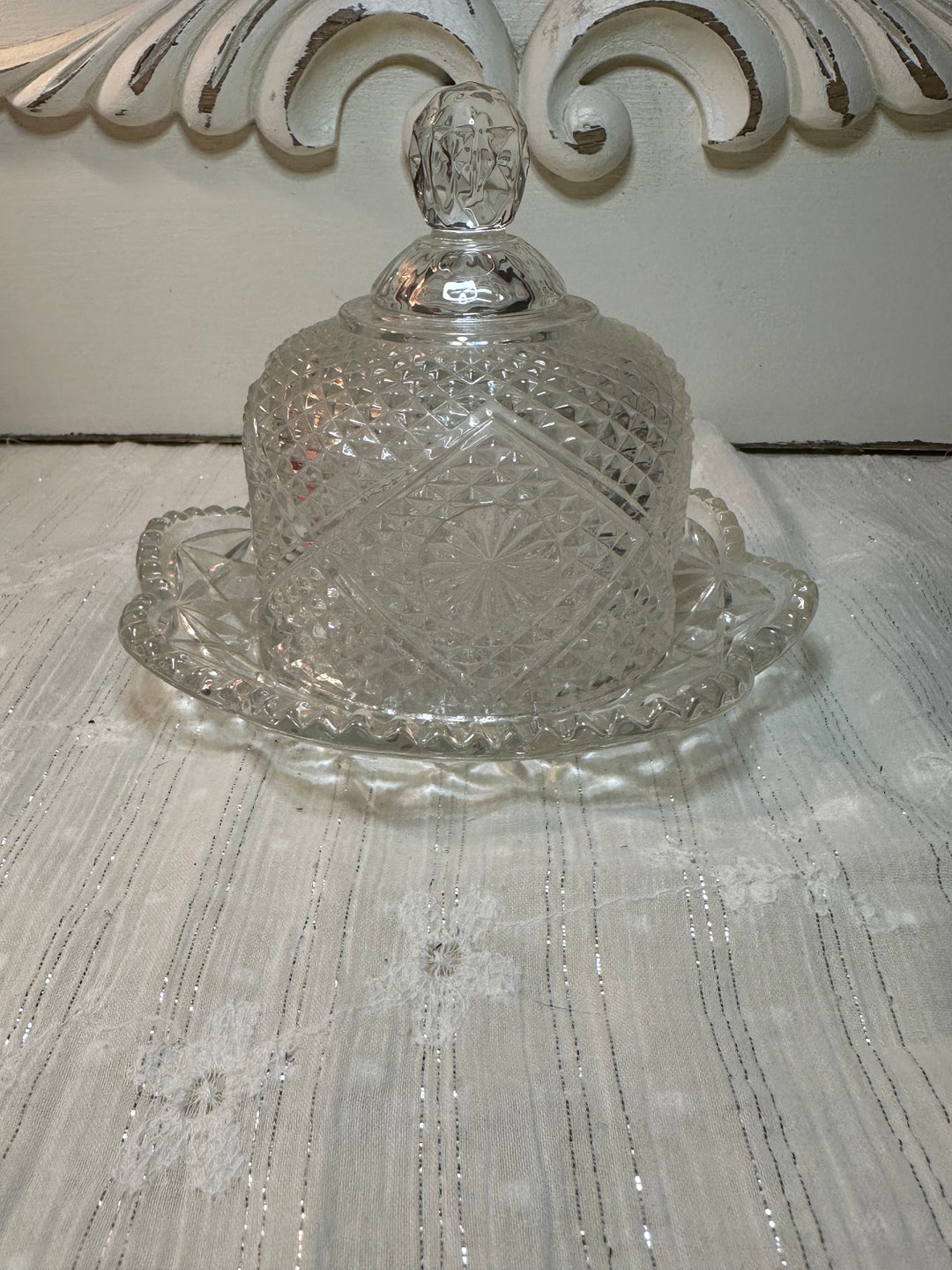 Vintage Avon Starburst Pressed Clear Glass Covered Cheese Butter Dish 6 ...