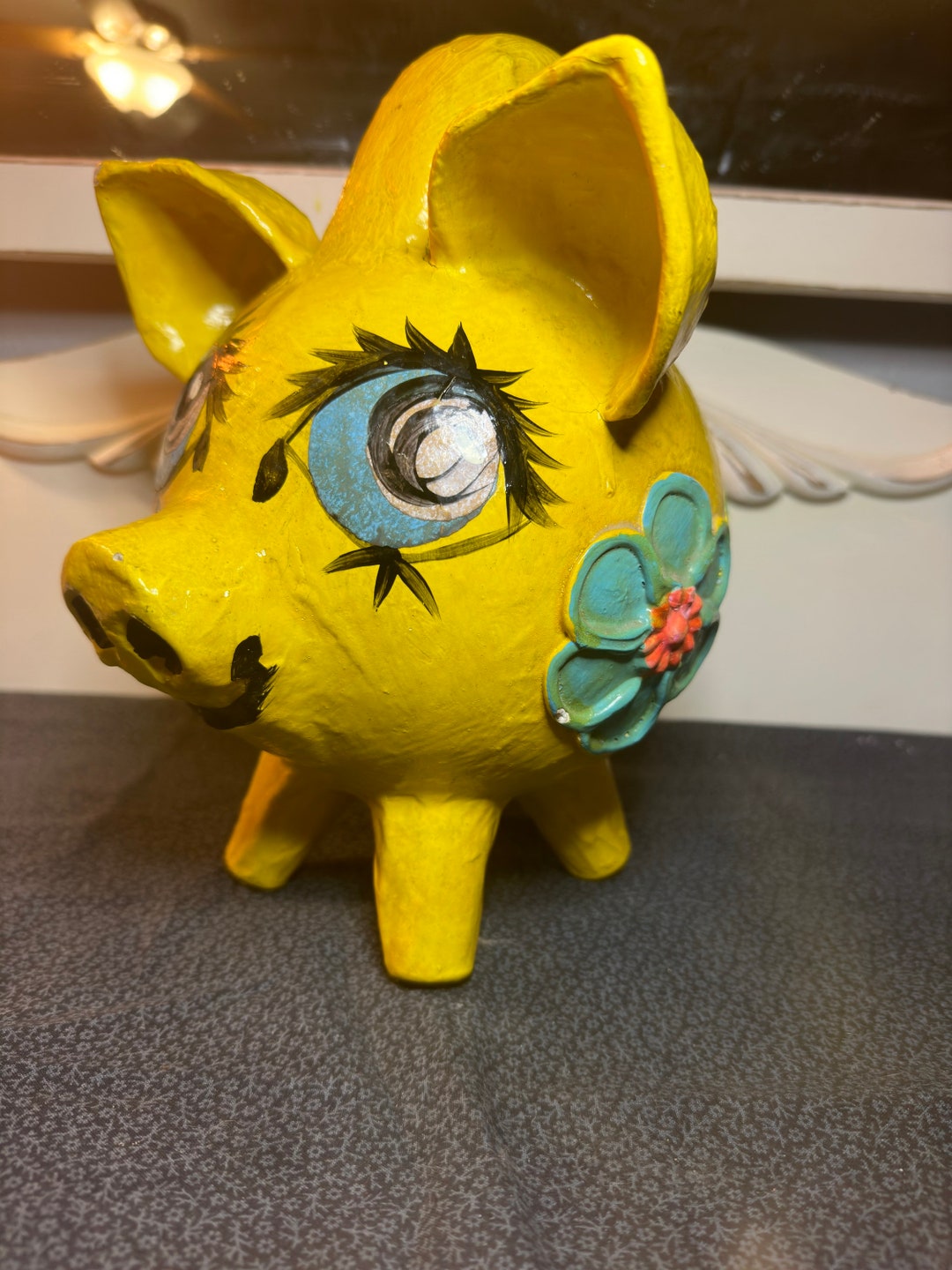 Vintage Large Paper Mache Yellow With Blue Flowers Piggy Bank. Retro - Etsy