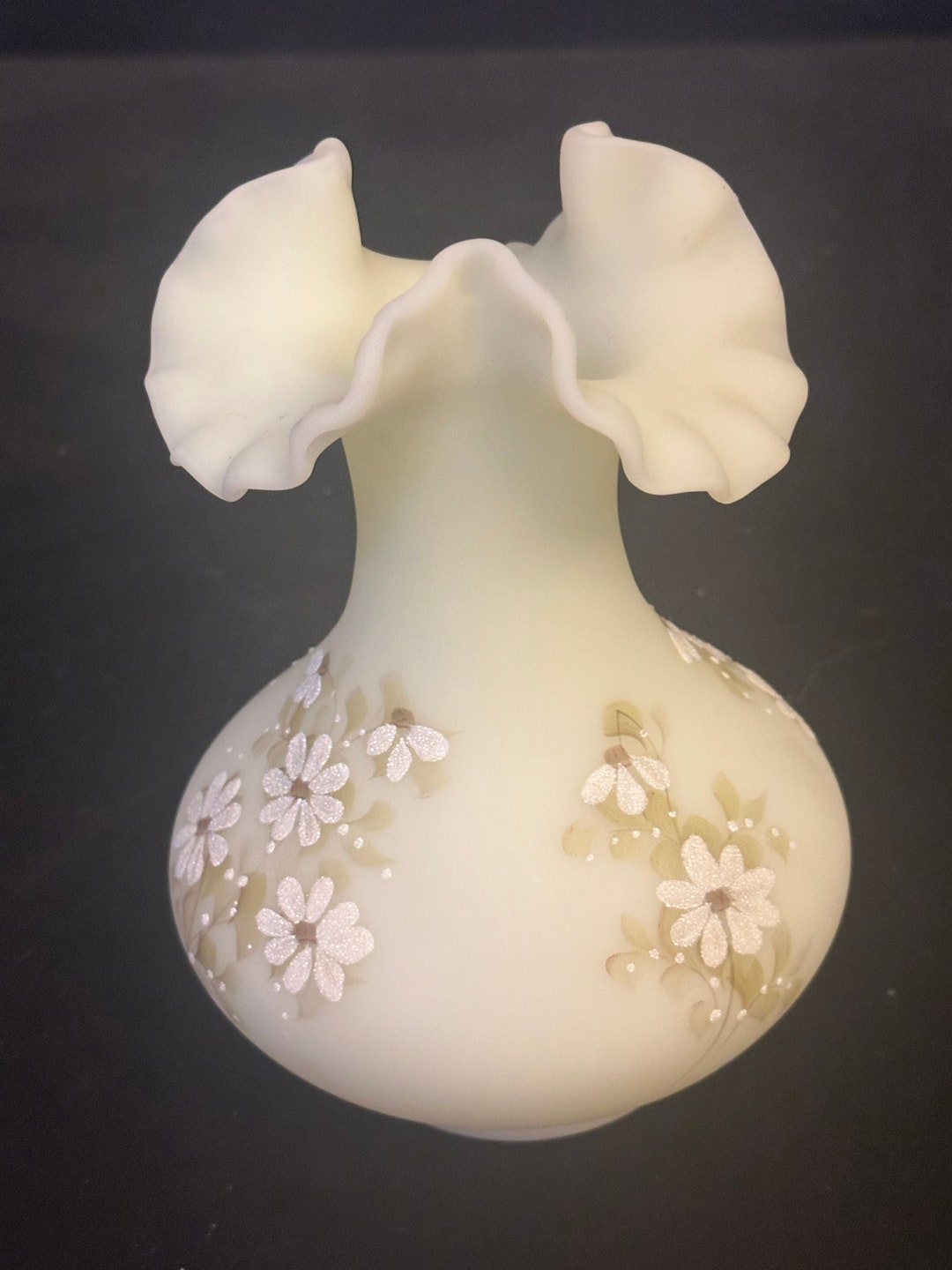 Vintage Fenton Satin Custard Vaseline Glass Hand Painted Vase Signed - Etsy