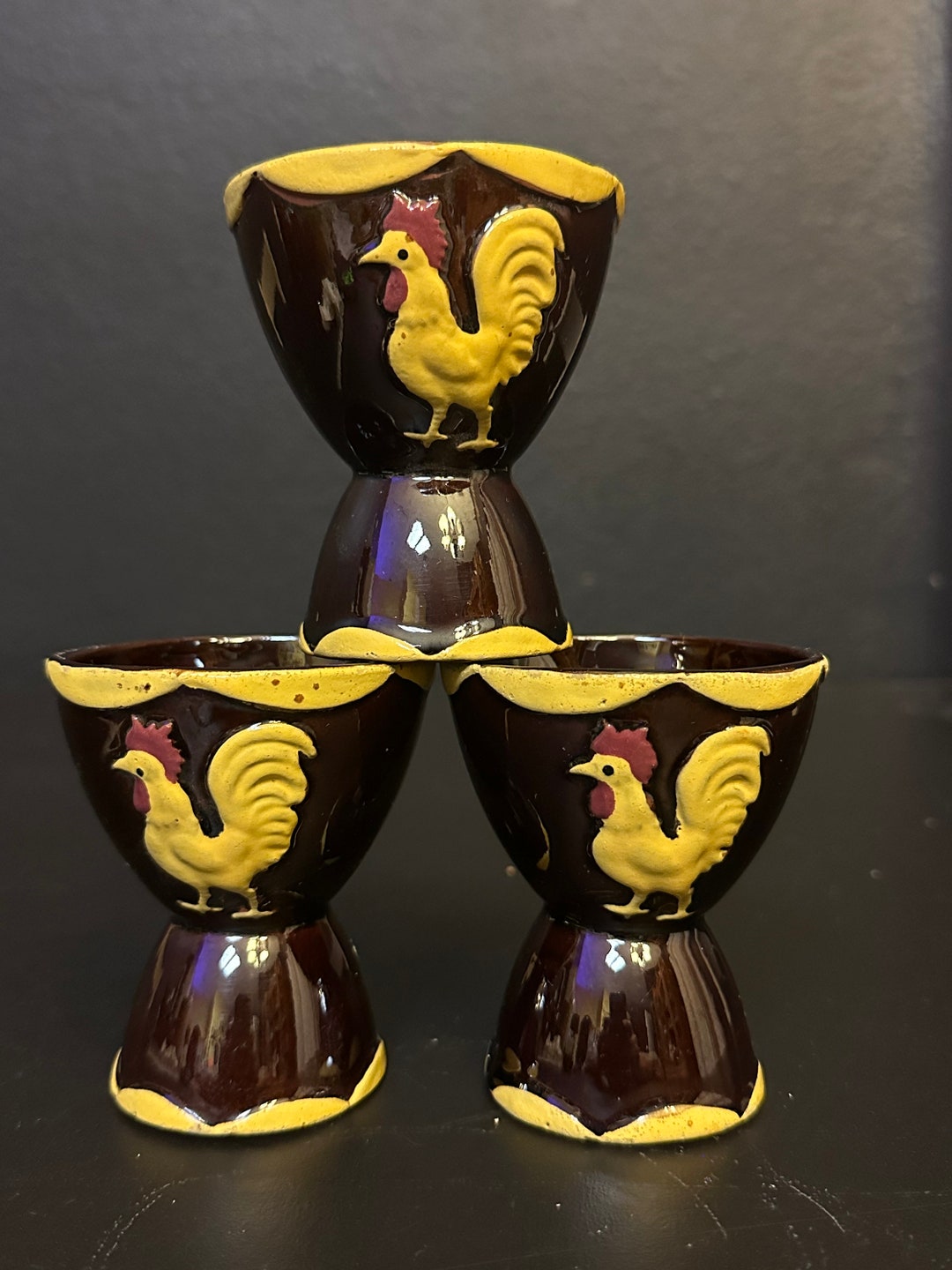 Vintage Redware Red Ware Rooster Chicken Double Egg Cups Set of 3 - Etsy