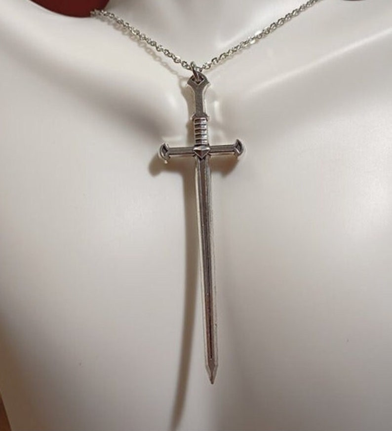 Silver Sword Necklace, Stainless Chain, Leather Cord, Blade, Dungeons ...
