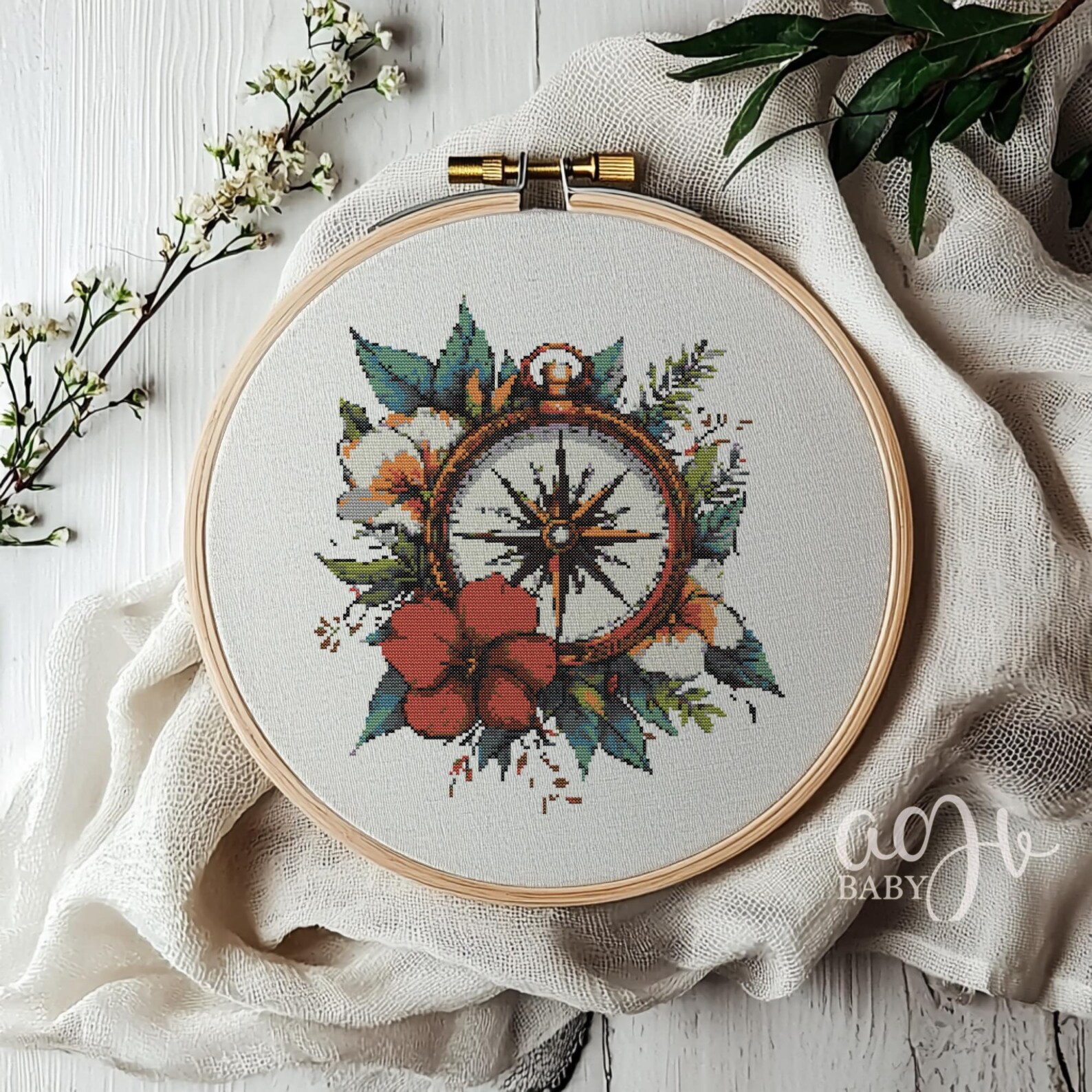 Floral Compass Cross Stitch Pattern, Compass Cross Stitch Hand ...