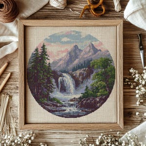 Waterfall V3 Cross Stitch Pattern, Waterfall in Forest Cross Stitch ...
