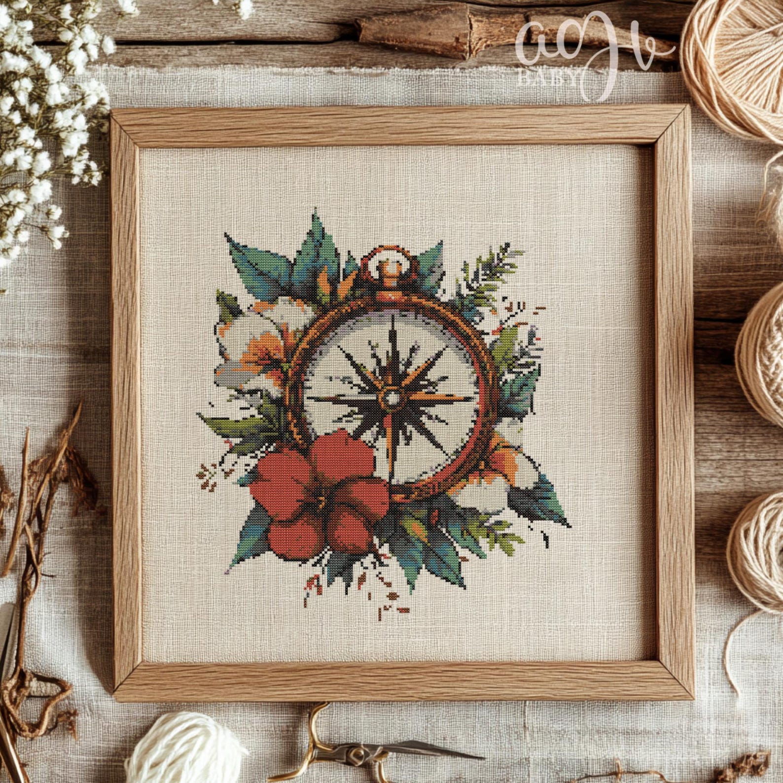 Floral Compass Cross Stitch Pattern, Compass Cross Stitch Hand ...