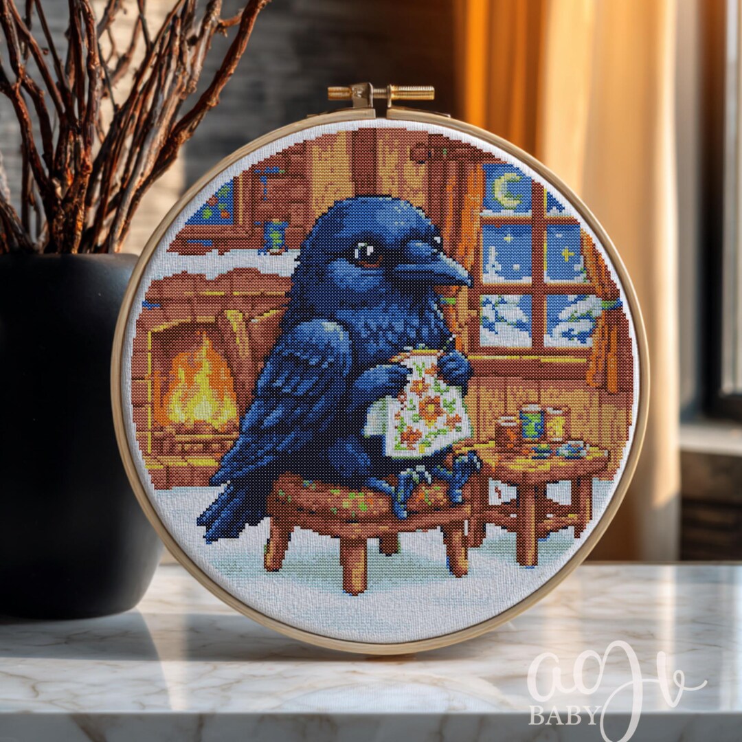 Knitting Raven Cross Stitch Pattern, Cozzy Knitting Raven Cross Stitch ...