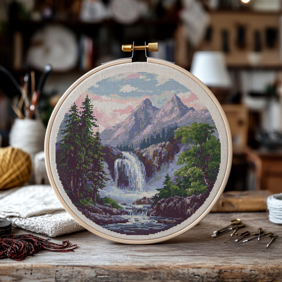 Waterfall V3 Cross Stitch Pattern, Waterfall in Forest Cross Stitch ...