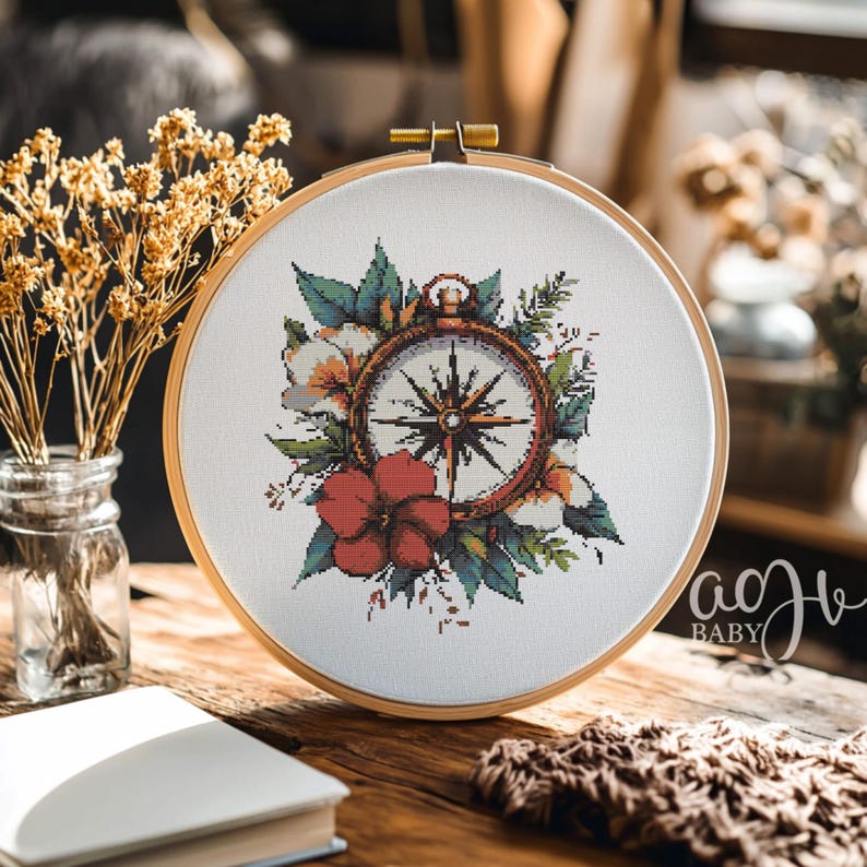 Floral Compass Cross Stitch Pattern, Compass Cross Stitch Hand ...
