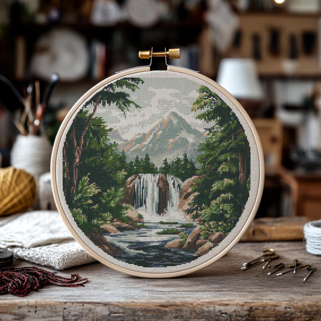 Waterfall V2 Cross Stitch Pattern, Waterfall in Forest Cross Stitch ...