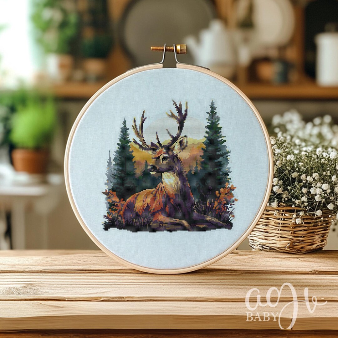 Deer With Forest Cross Stitch Pattern, Deer Cross Stitch PDF, Cross ...