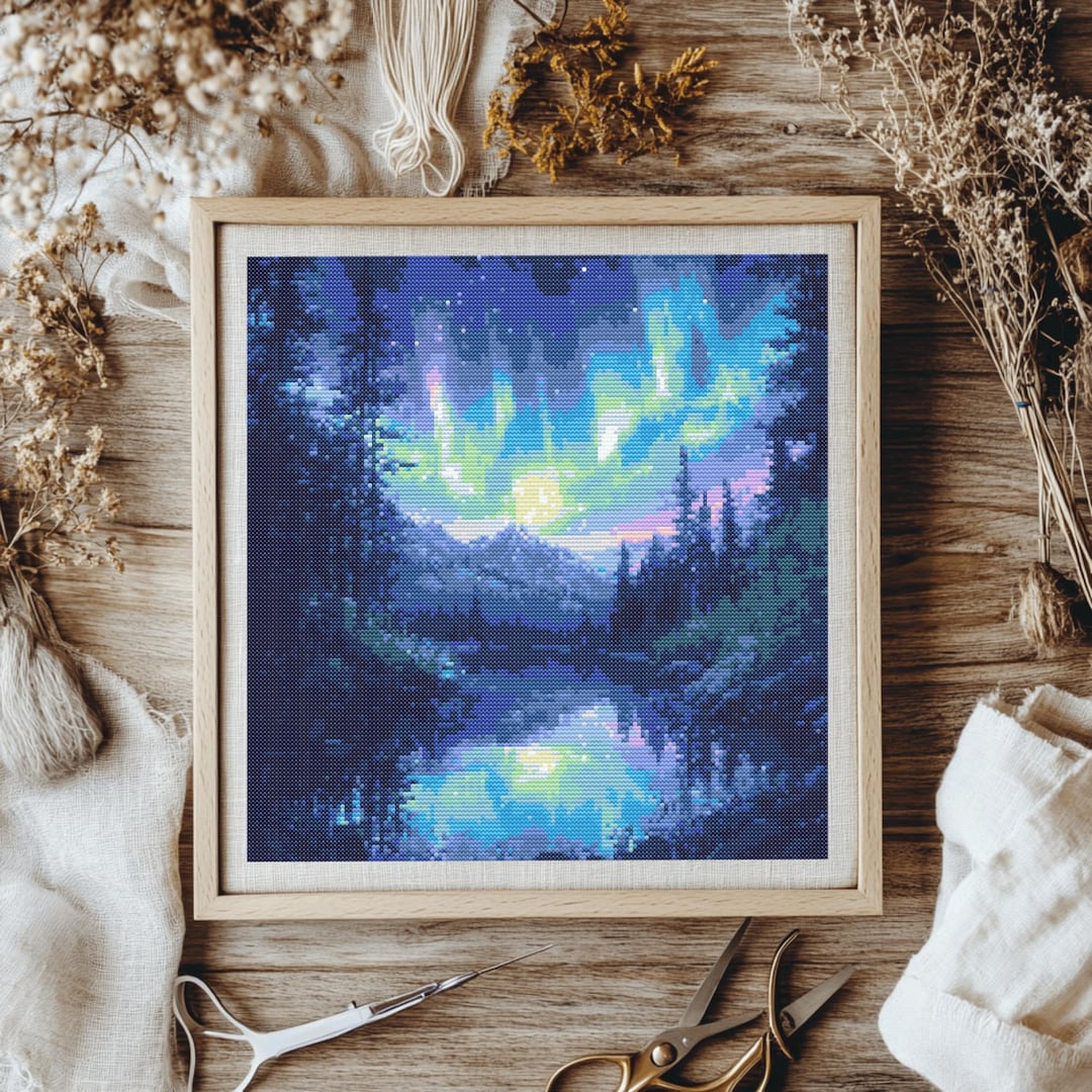 Aurora Borealis Cross Stitch Pattern, Landscape Embroidery (PDF Pattern ...