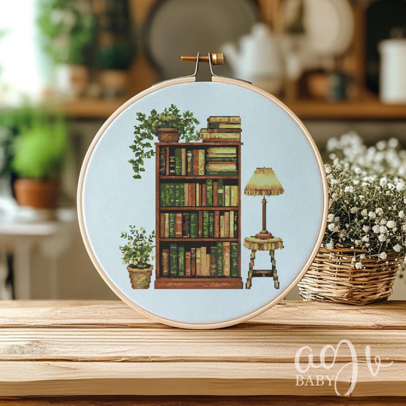 Plant Bookshelf Cross Stitch Pattern, Cozy Bookshelf Cross Stitch Hand ...