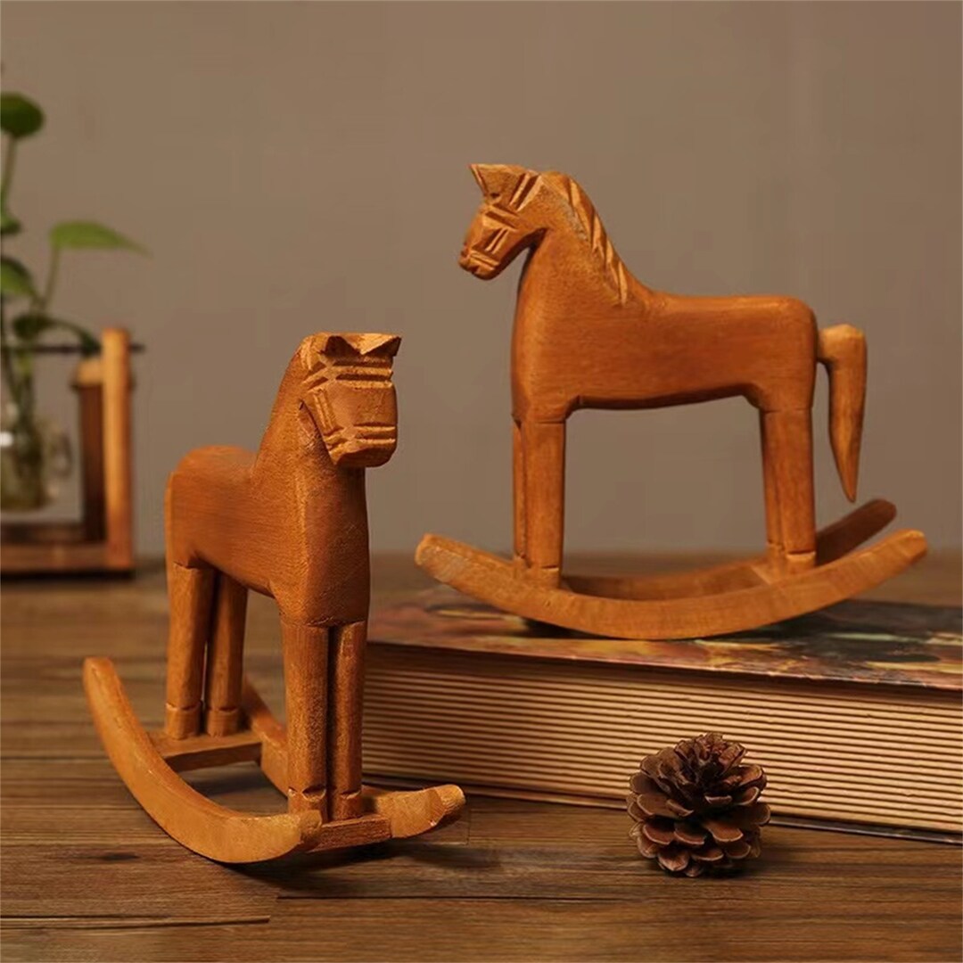 Wood Craving Horse Set, Wood Carving Figurines, Wooden Rocking Horse ...