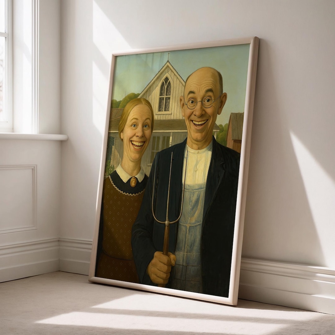 American Gothic Altered Art Print: Smiling Parody Portrait, Classic ...