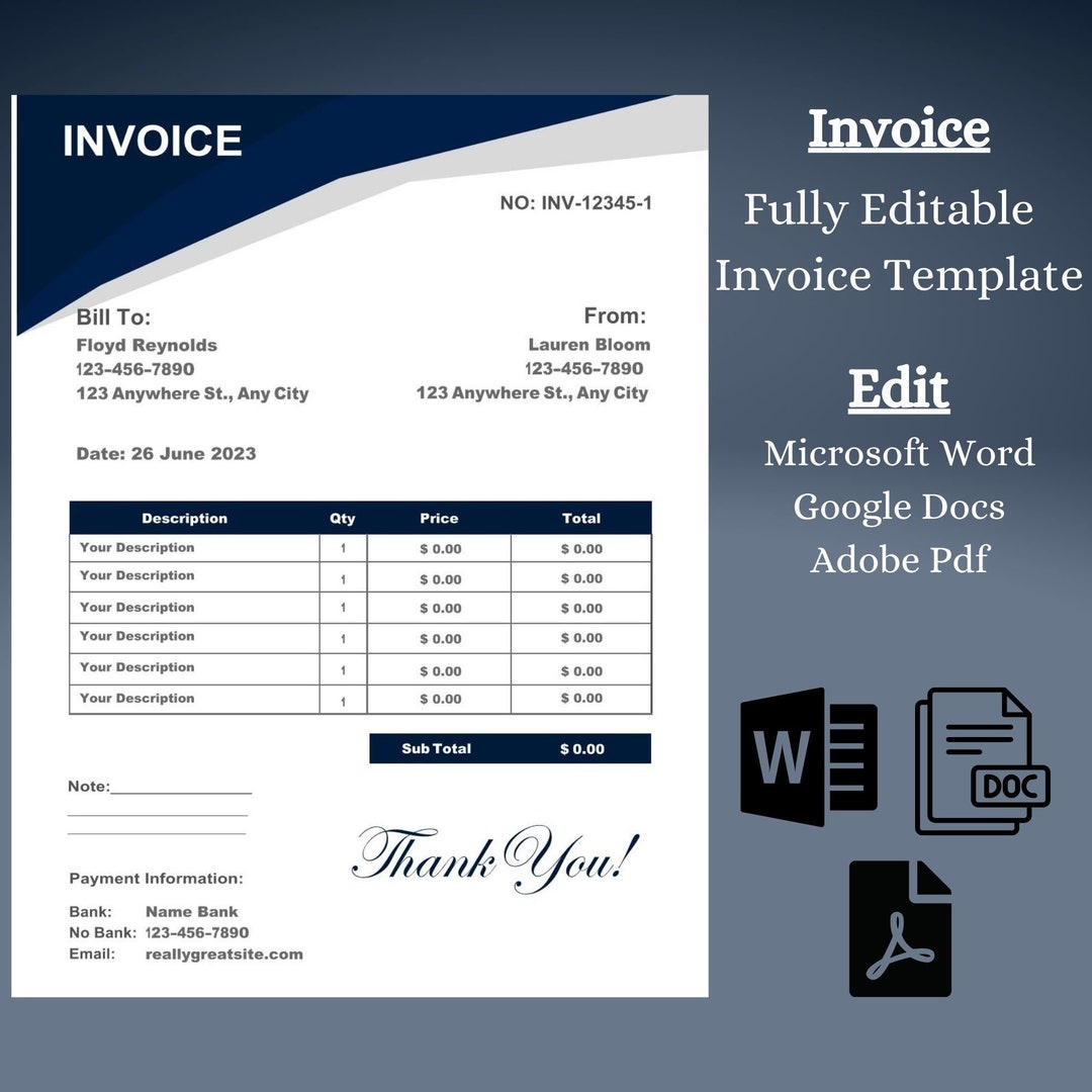 Invoice Template, Printable Invoice Template, Invoice Template for Word ...