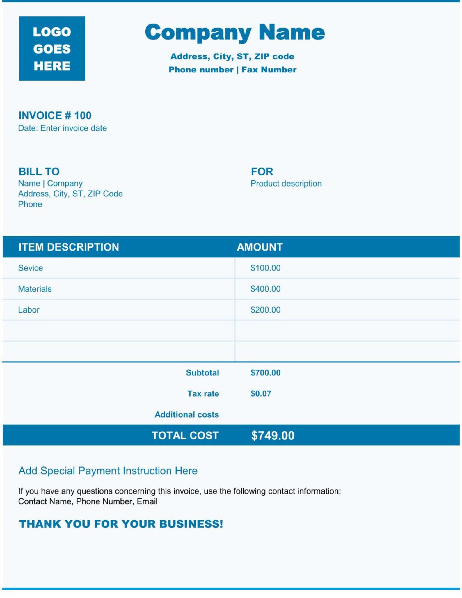 Basic Invoice Template, Printable Invoice Template, Invoice Template ...