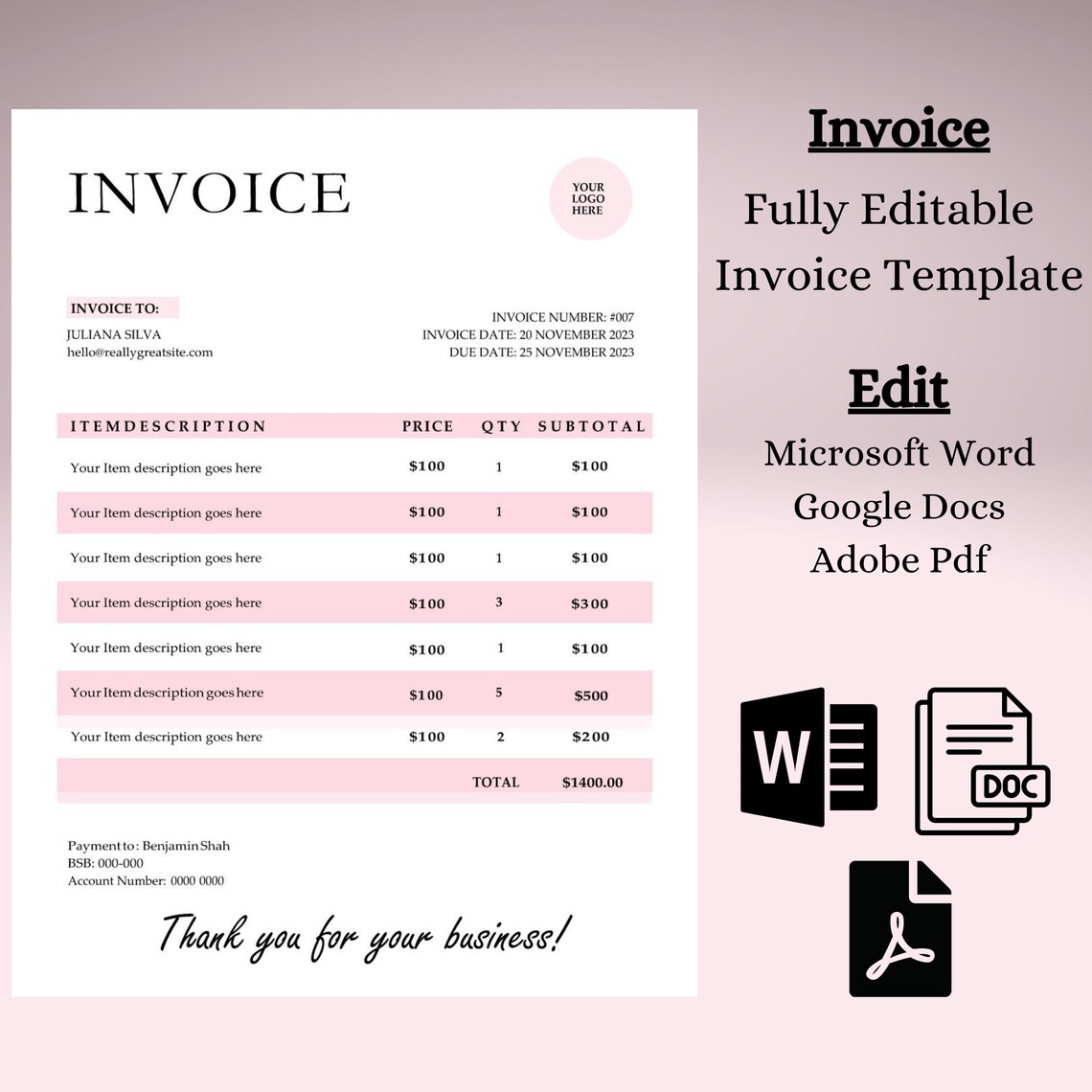 Invoice Template Pink, Printable Invoice Template, Invoice Template for ...