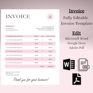 Invoice Template Pink, Printable Invoice Template, Invoice Template for ...