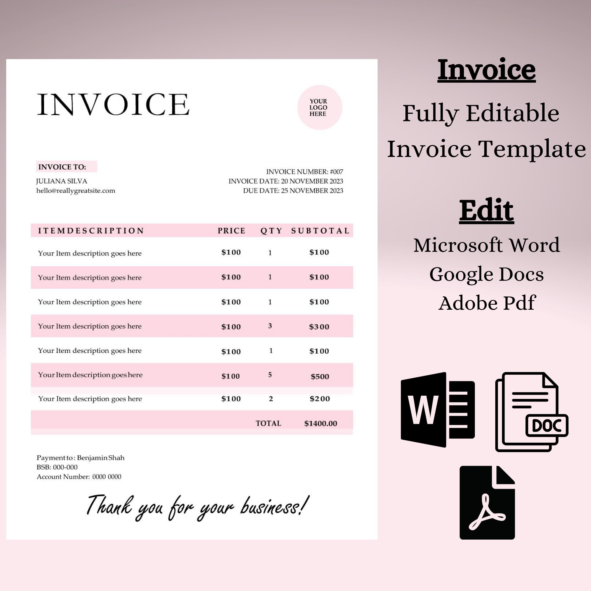 Invoice Template Pink, Printable Invoice Template, Invoice Template for ...