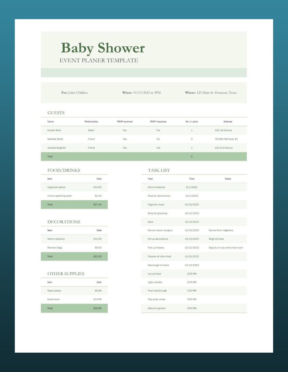 Excel Template Baby Shower Planner Spreadsheet - Organize Your Finances ...