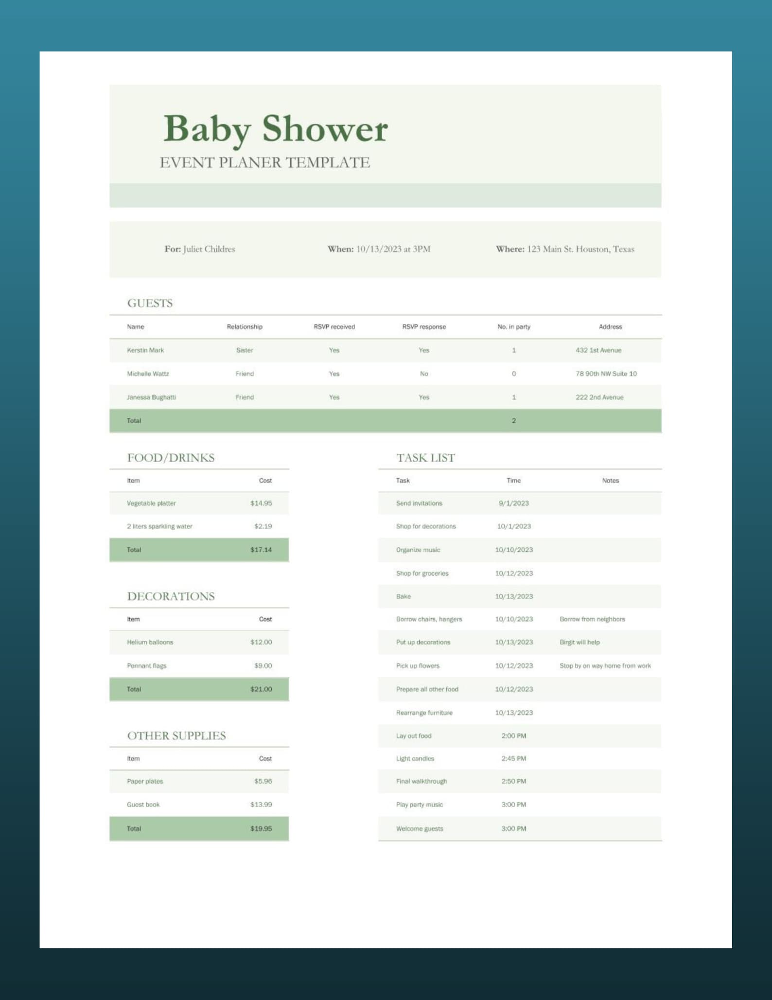 Excel Template Baby Shower Planner Spreadsheet - Organize Your Finances ...