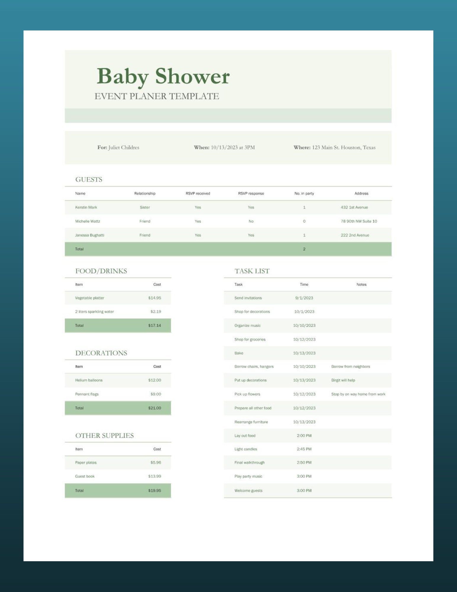 Excel Template Baby Shower Planner Spreadsheet - Organize Your Finances ...