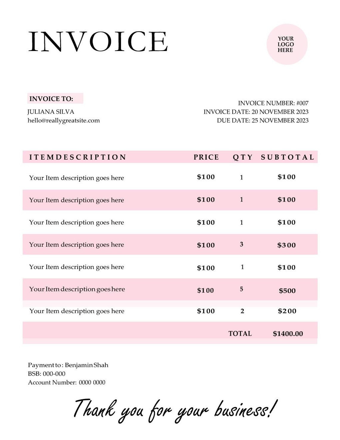 Invoice Template Pink, Printable Invoice Template, Invoice Template for ...