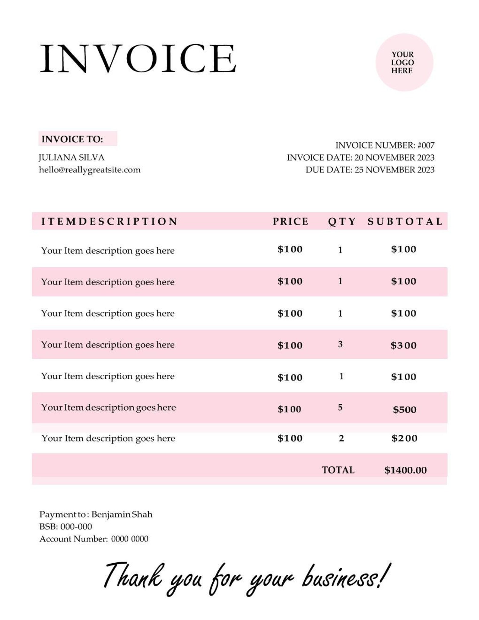 Invoice Template Pink, Printable Invoice Template, Invoice Template for ...