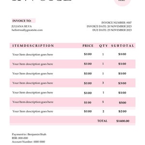 Invoice Template Pink, Printable Invoice Template, Invoice Template for ...