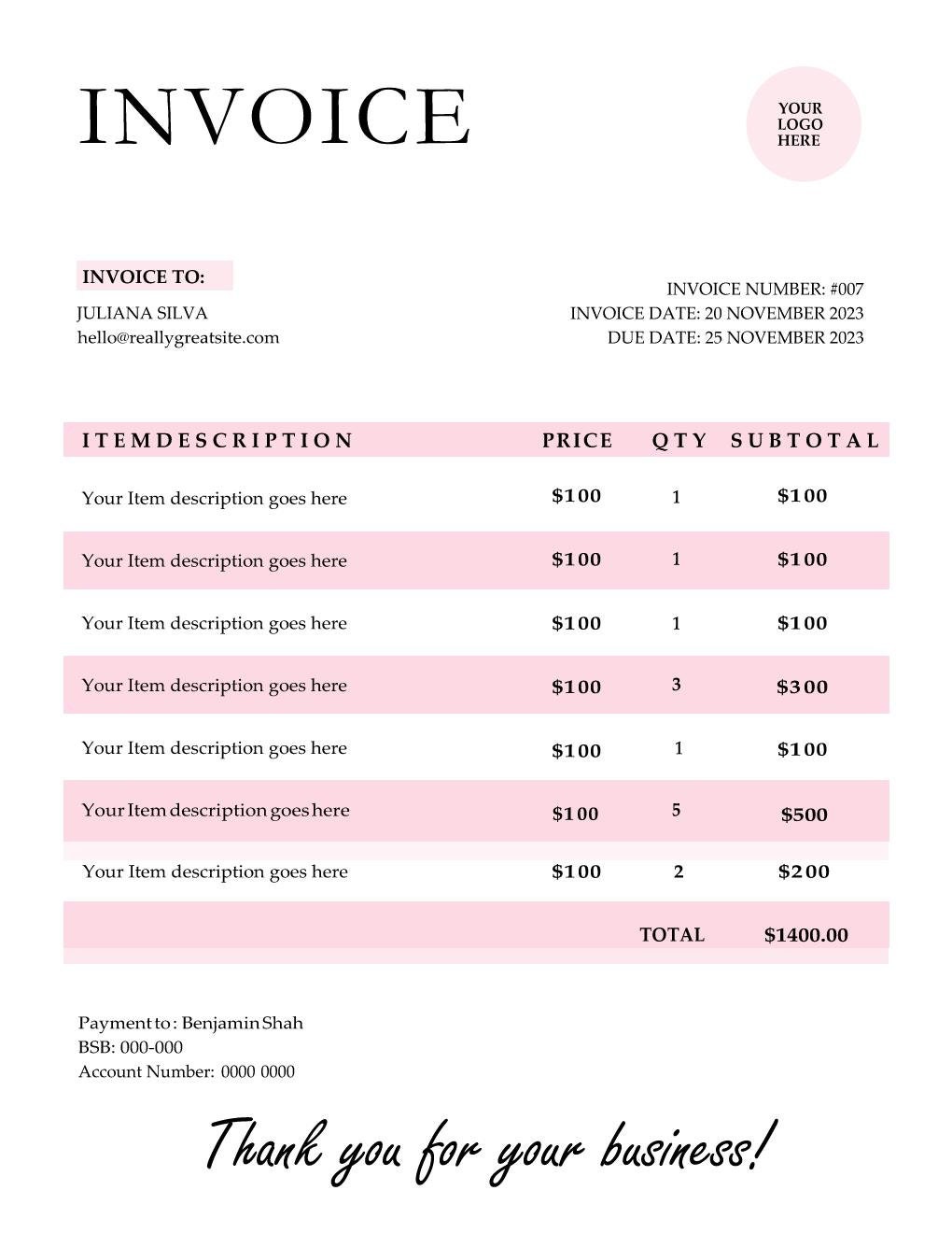 Invoice Template Pink, Printable Invoice Template, Invoice Template for ...