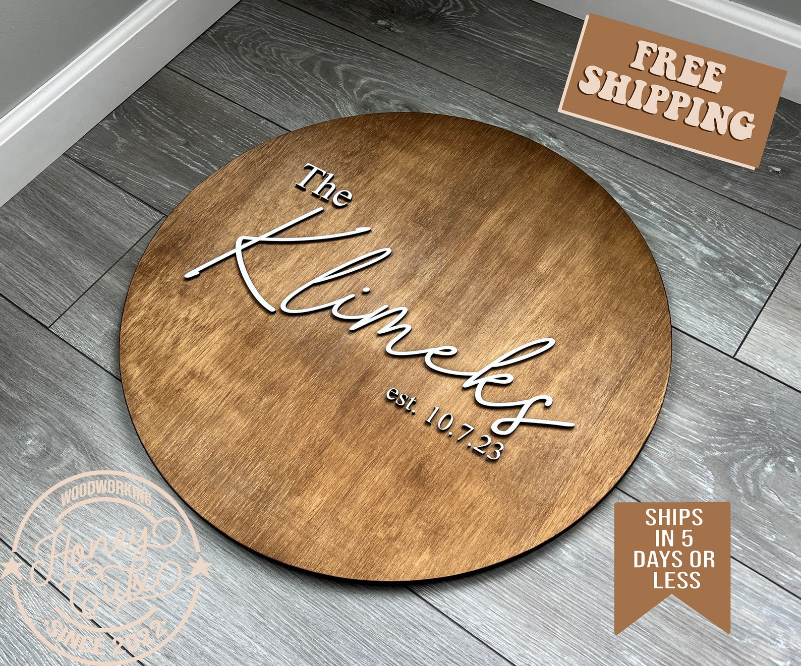 Last Name Wooden Sign Personalized Round Wood Sign , Rustic Last Name ...