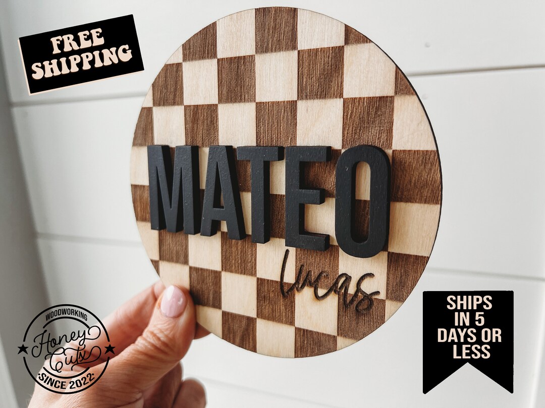 Baby Name Sign for Boys, Checkered Baby Name Announcement Sign ...